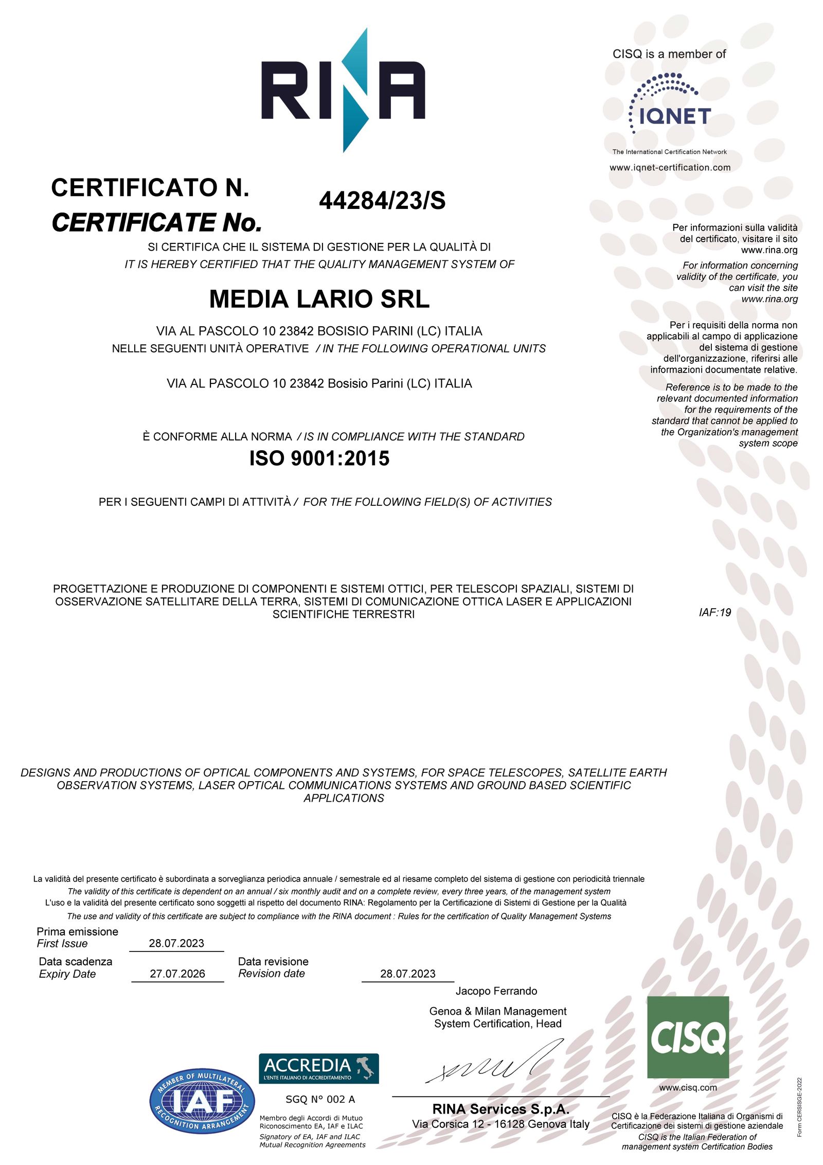 MediaLarioRINA ISO 9001 certificate